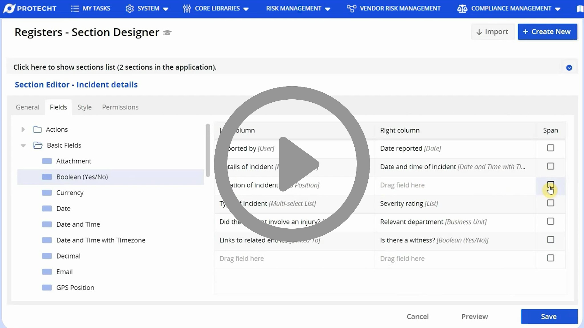 Building a register in Protecht: Creating sections and fields. USA