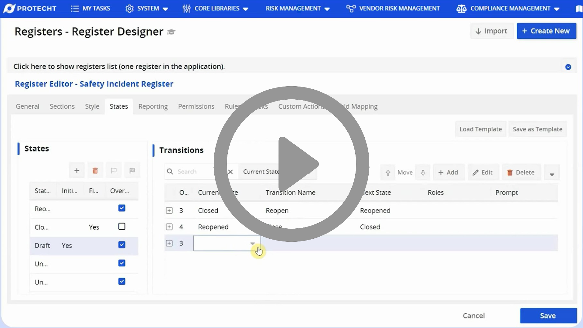 Building a register in Protecht: Defining states and transitions. USA