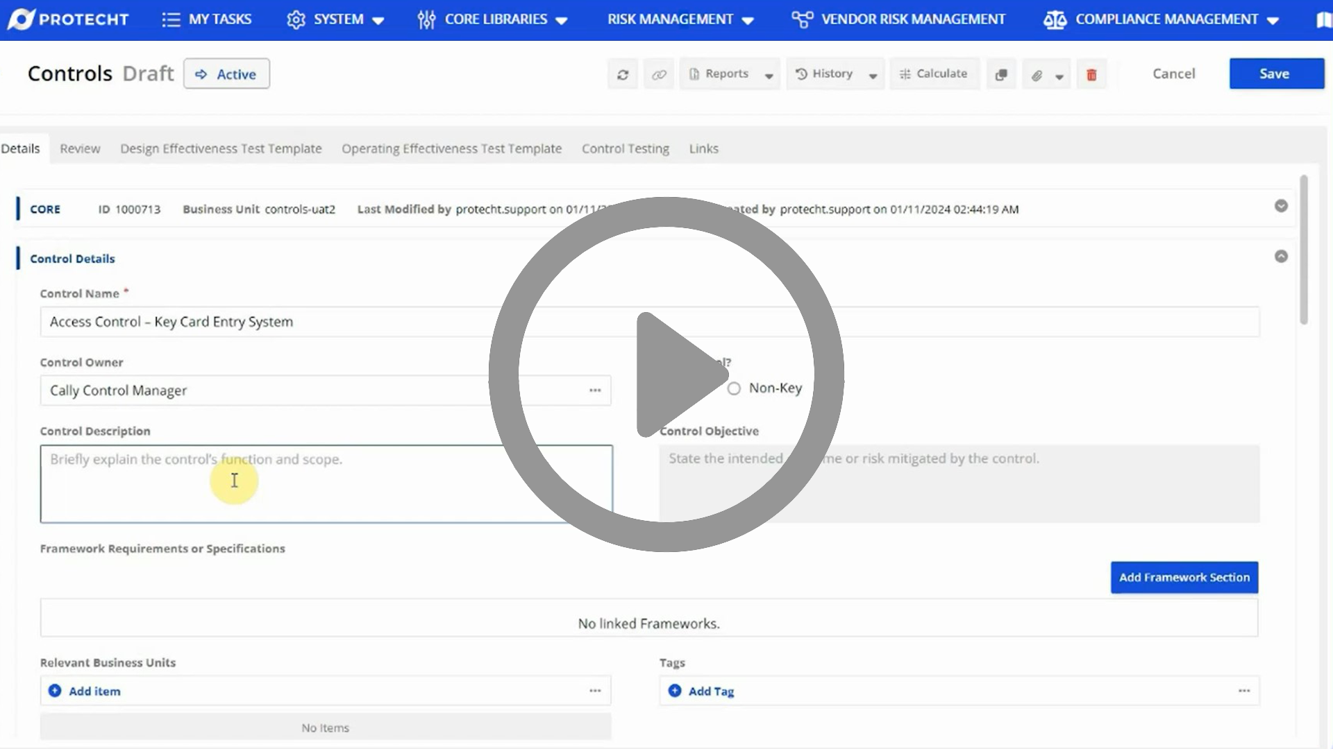 Controls library overview and creating a control in Protecht. AU